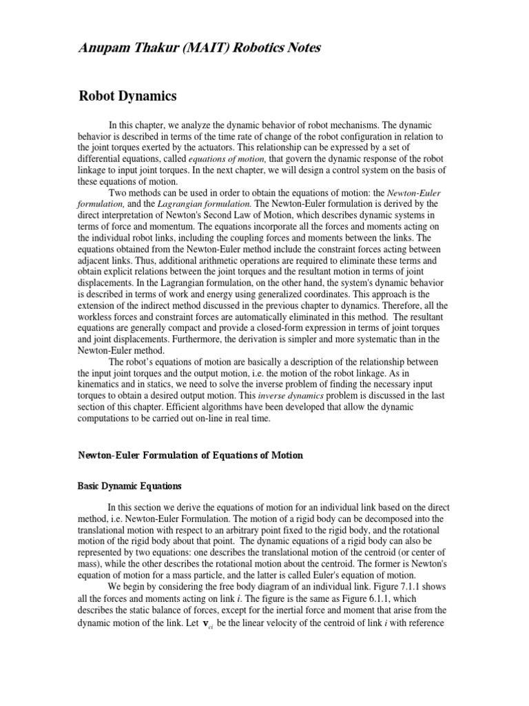 Unit 3 Robot Dynamics | PDF | Lagrangian Mechanics | Equations Of Motion