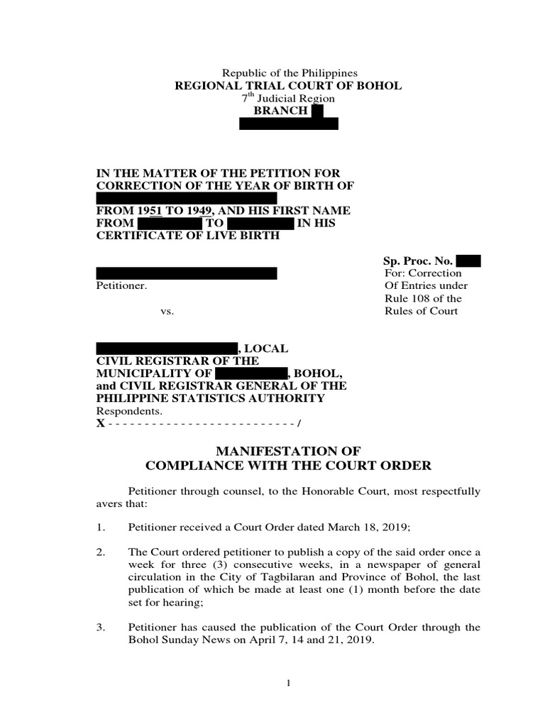 Manifestation of Compliance with Court Order | PDF | Common Law ...
