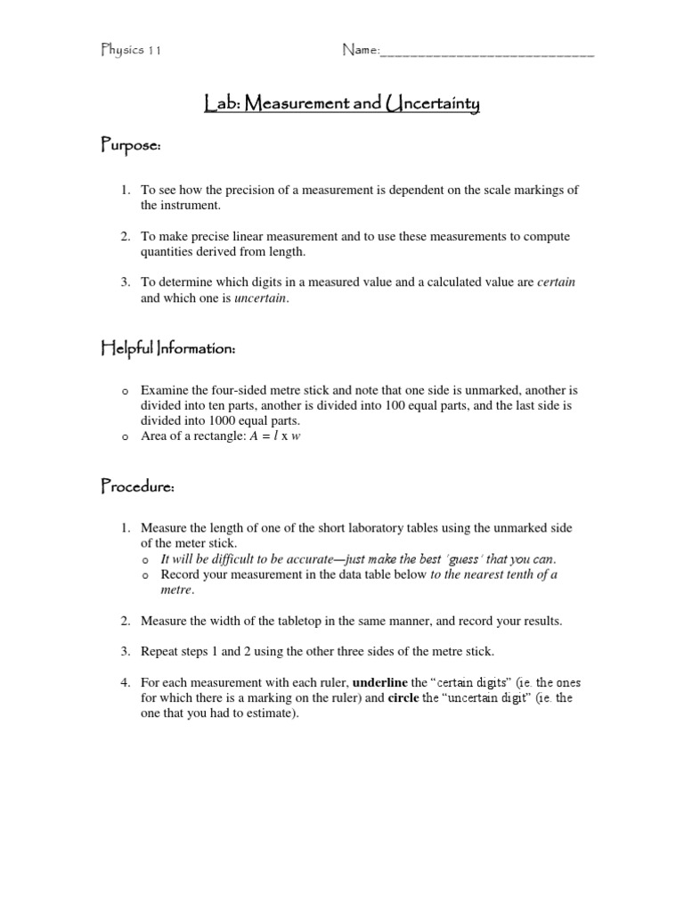 Measurement and Uncertainty Lab (4-Sided Metre Stick) | PDF ...