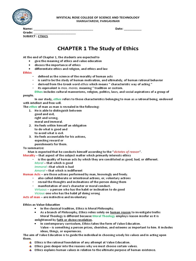 CHAPTER 1 The Study of Ethics: Mystical Rose College of Science and ...