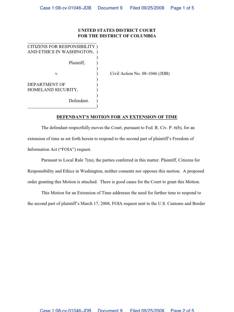 CREW v. DHS: Regarding Border Fence: 9/25/08 - Unopposed Motion For ...