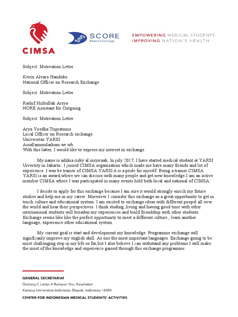 Motivation Letter for Research Exchange Program | PDF | Motivation ...