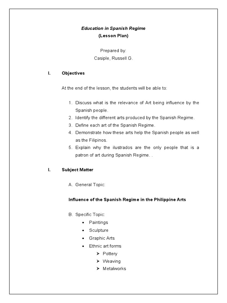 (Lesson Plan) : Education in Spanish Regime | PDF | Philippines ...