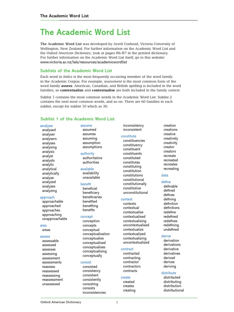 Sublists of The Academic Word List | PDF