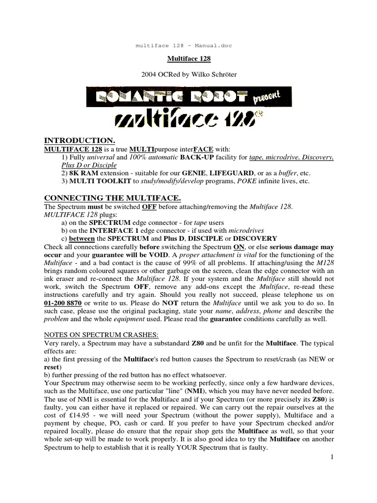 Plus D or Disciple: Multiface 128 - Manual | PDF | Classes Of Computers ...