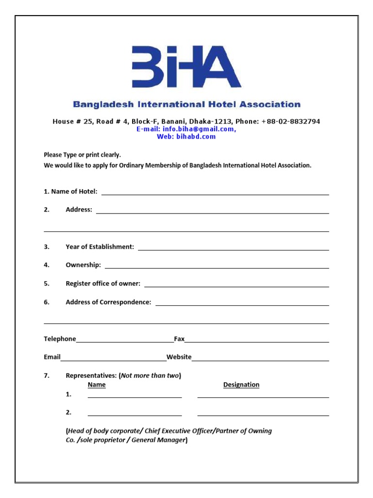 Membership Form For Bangladesh International Hotel Association | PDF ...