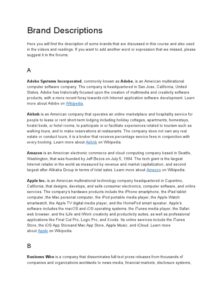 Brand Descriptions: Wikipedia | Download Free PDF | Microsoft | Snapchat