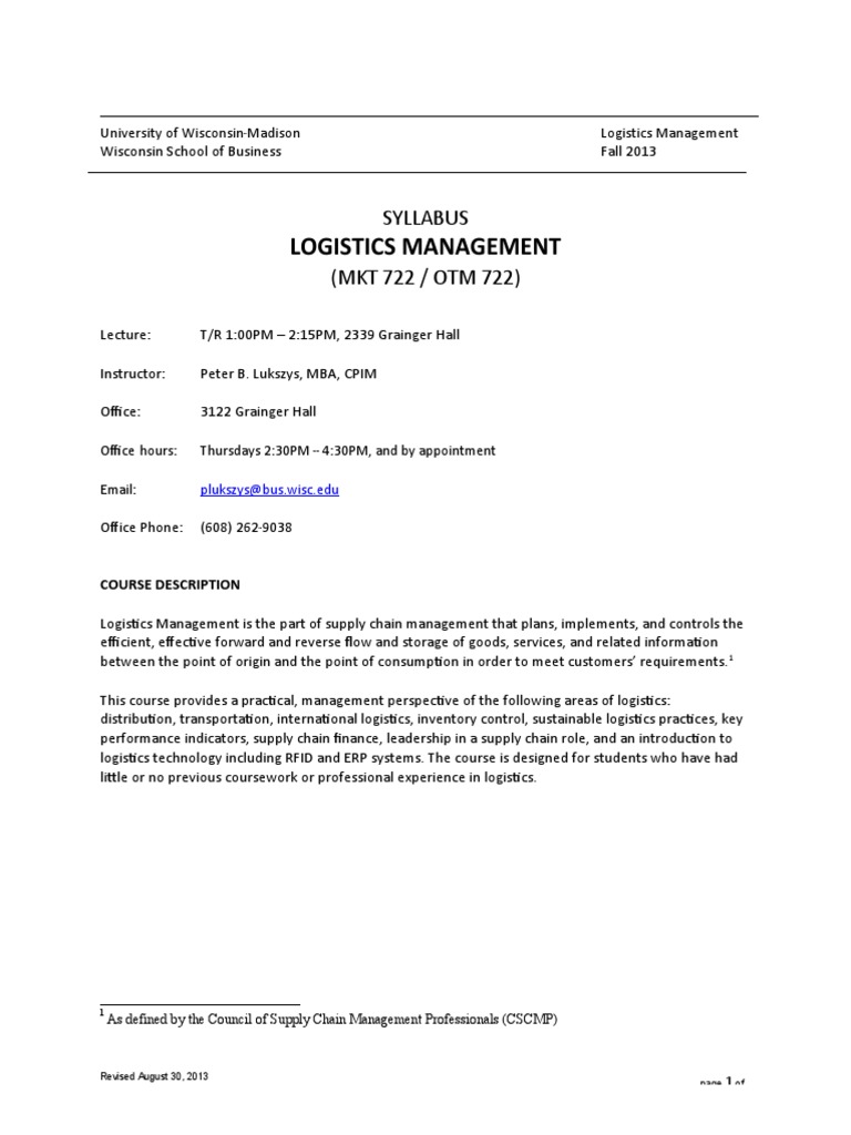 Logistics Management Course Syllabus | PDF | Textbook | Logistics