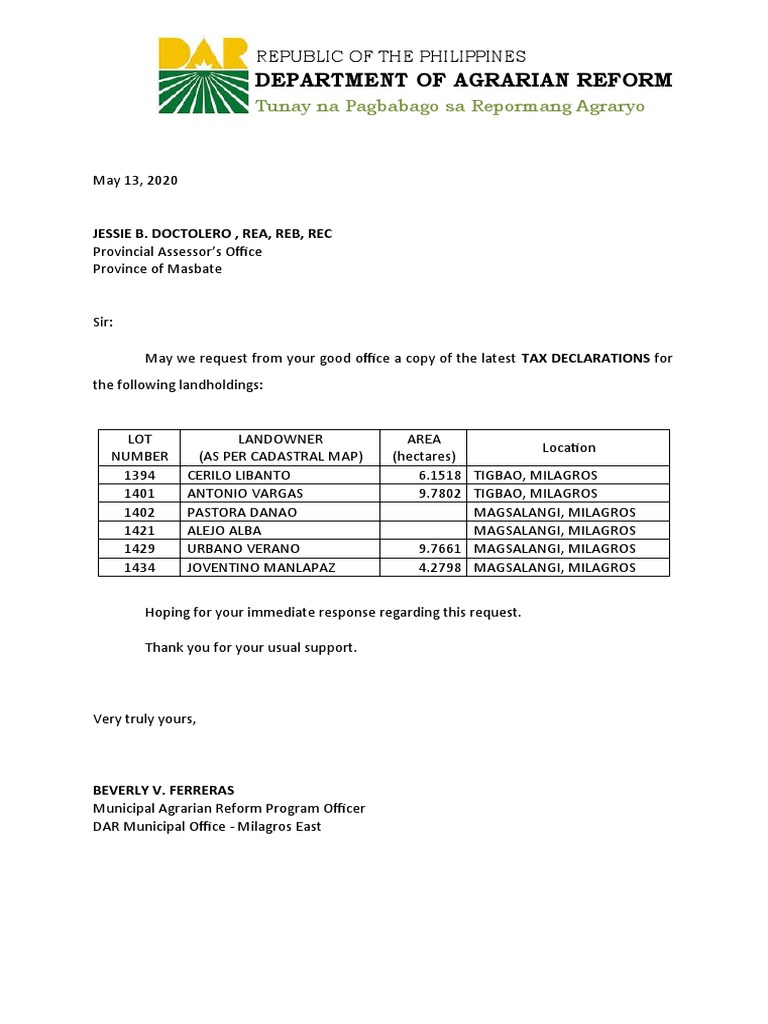 Letter Request (Provincial Assessors) Tax Dec | PDF | Land Law