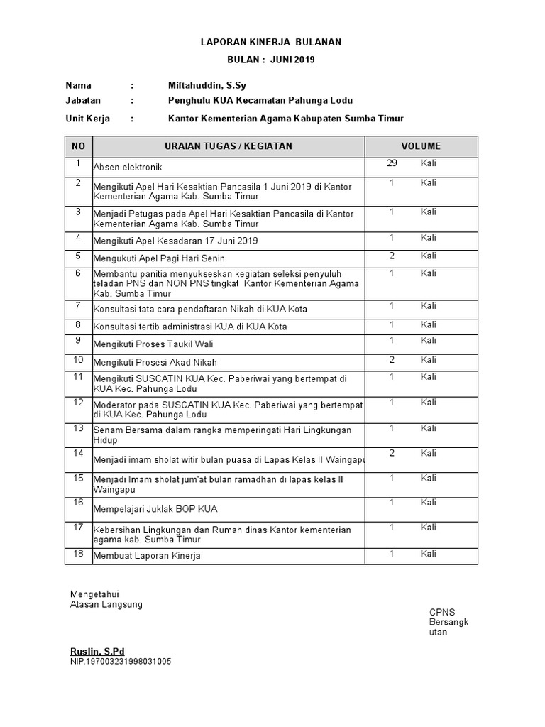 Laporan Kinerja Bulanan KUA Juni 2019 | PDF