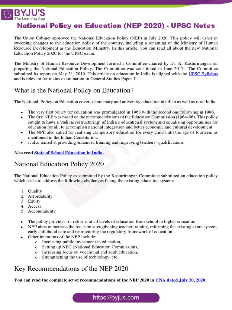 National Policy On Education (NEP 2020) - UPSC Notes | Download Free ...