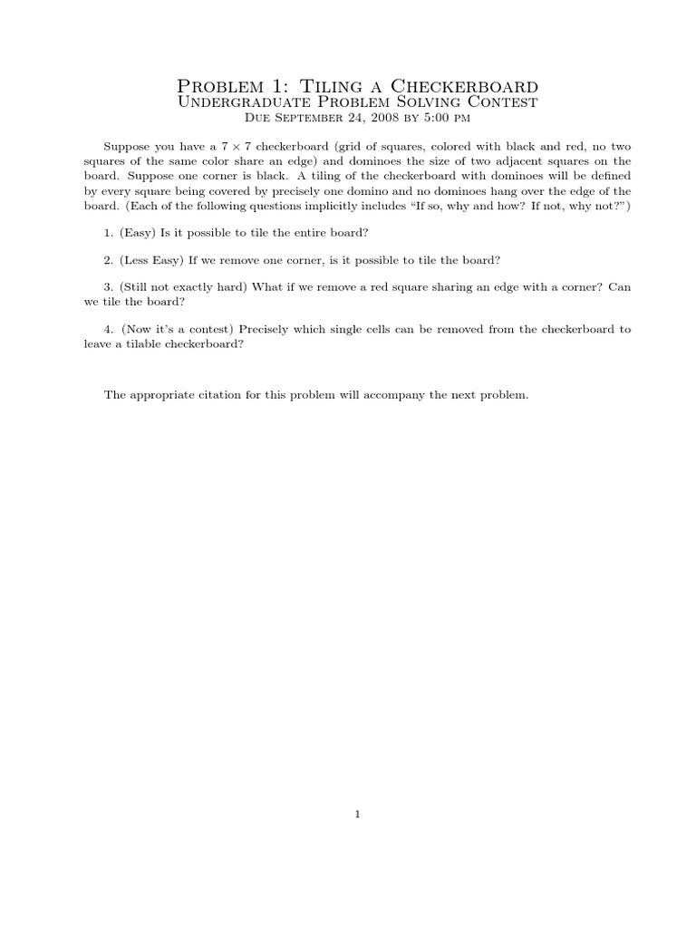Problem 1: Tiling A Checkerboard: Undergraduate Problem Solving Contest ...