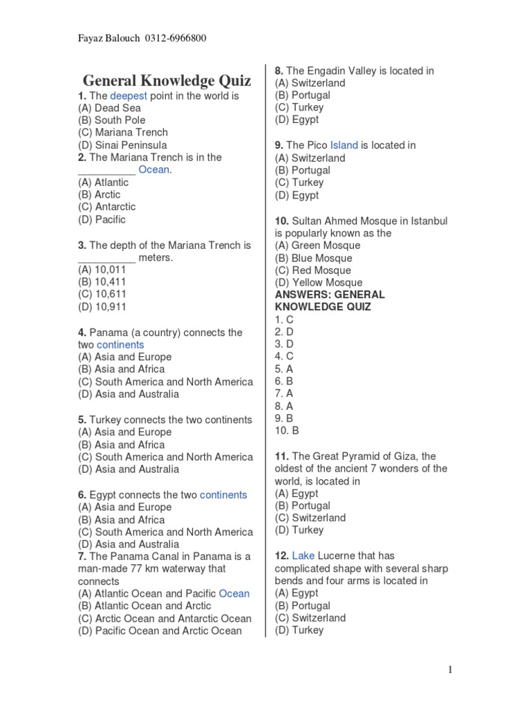 General Knowledge Quiz | Download Free PDF | Continent | Olympic Games