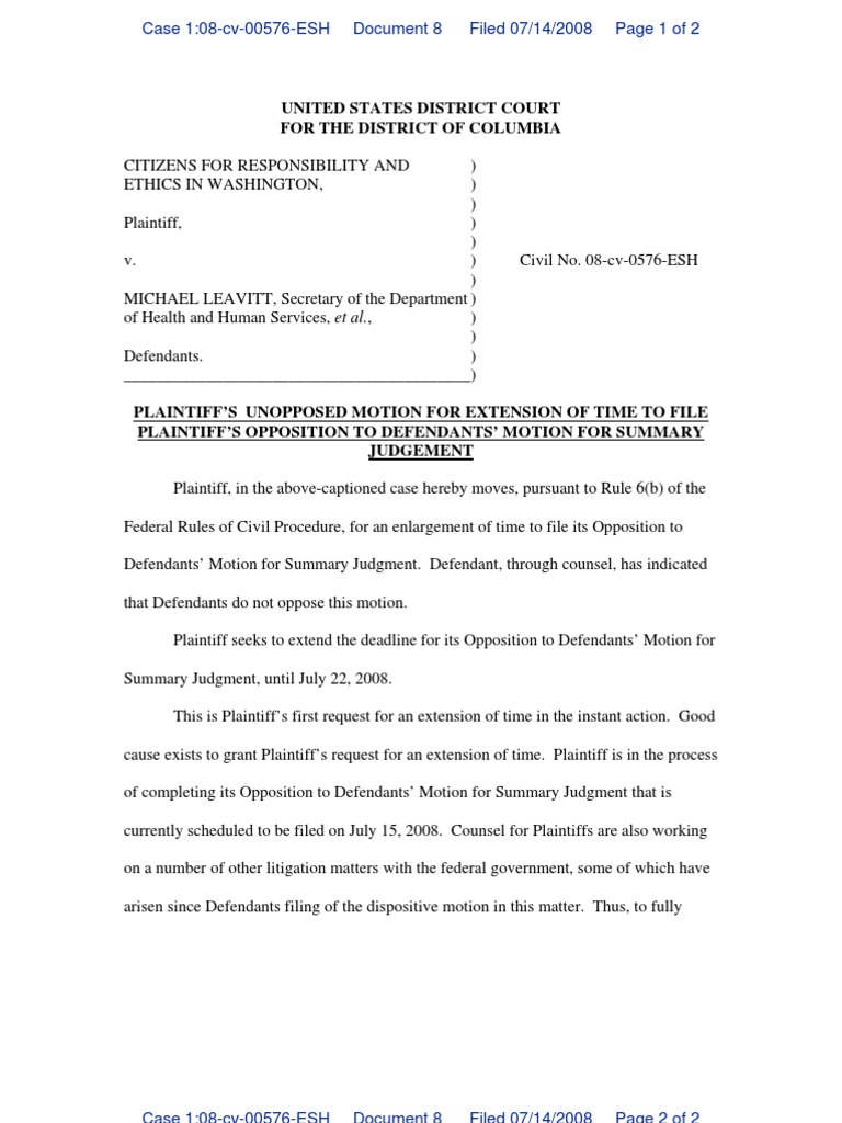 CREW v. Leavitt (HHS) Et Al: Re: Head Start: 7/14/08 - CREW Unopposed ... CREW v. Leavitt (HHS) Et Al: Re: Head Start: 7/14/08 - CREW Unopposed ...