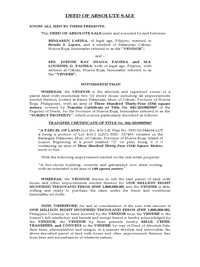 Deed of Absolute Sale | PDF | Title (Property) | Government