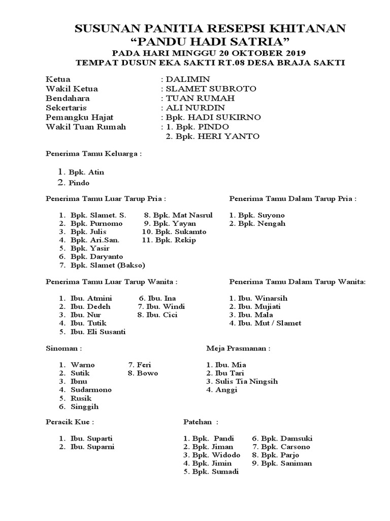 Susunan Panitia Resepsi Pernikahan | PDF