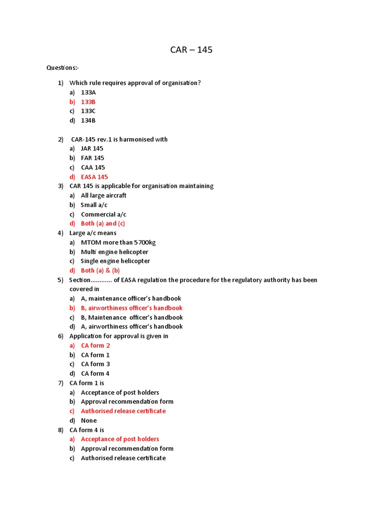 CAR 145 Questions | PDF | Aviation | Business
