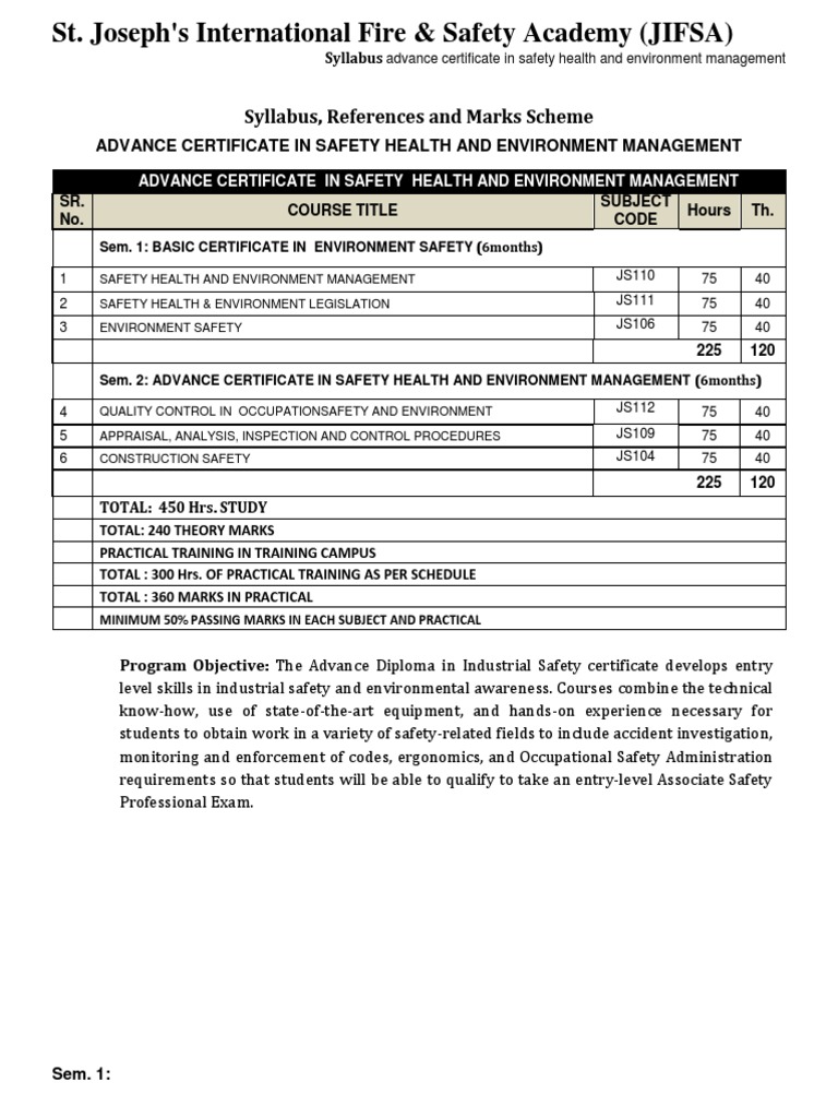 NSDC - ADVANCE CERTIFICATE IN SAFETY HEALTH AND ENVIRONMENT MANAGEMENT ...