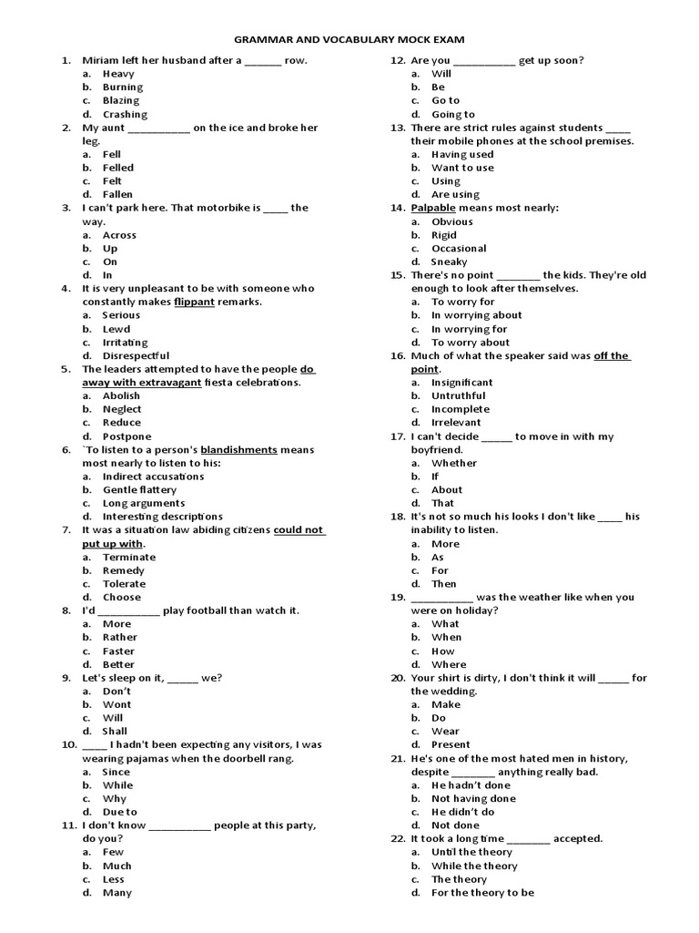 Grammar and Vocabulary Mock Exam | Download Free PDF | Violence