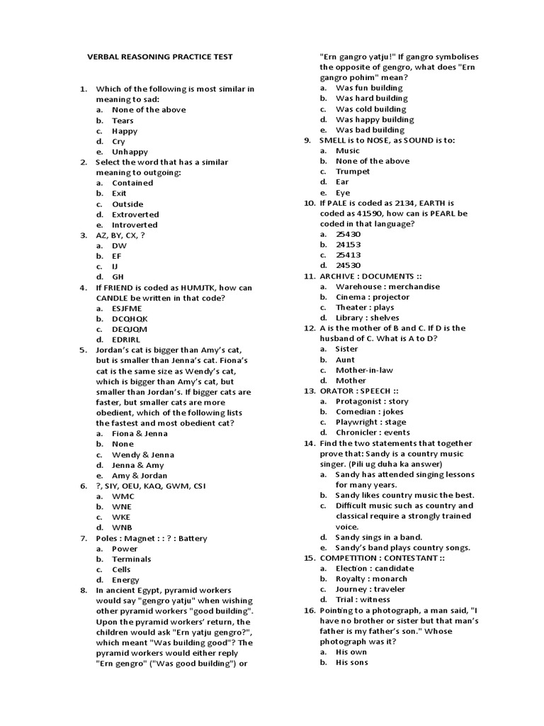 Verbal Reasoning Practice Test | PDF