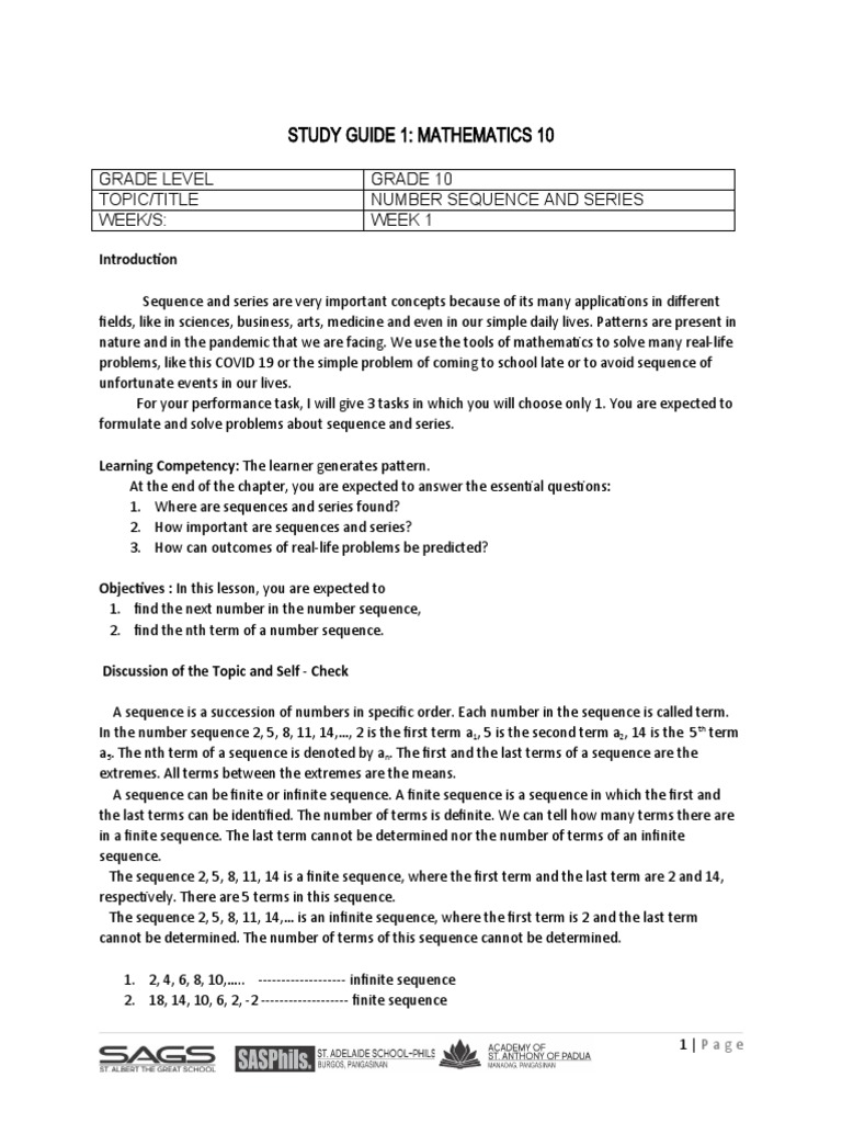Study Guide 1: Mathematics 10: Grade Level Grade 10 Topic/Title Number ...