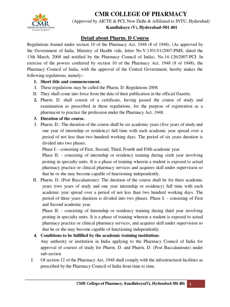 Detail About Pharm. D Course PDF | PDF | Pharmacy | Pharmacist