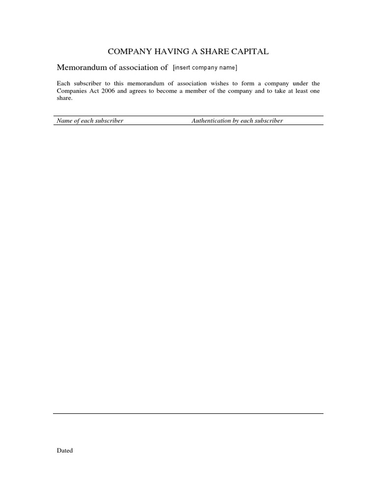 Pro Forma of Ca 2006 Memorandum For A Company With A Share Capital PDF ...