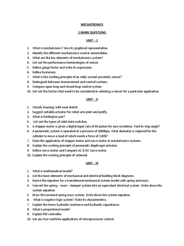 Mechatronics Important Questions | PDF | Electric Motor | Servomechanism