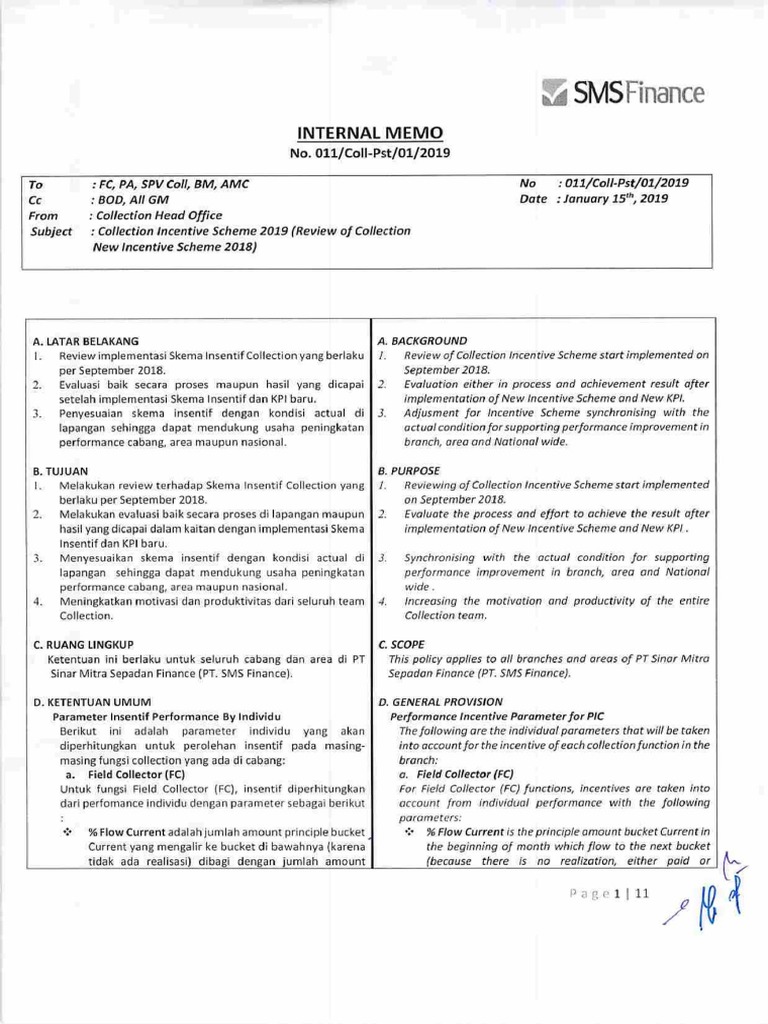 Memo 011 Collection Incentive Scheme 2019 (Review of Collection New ...