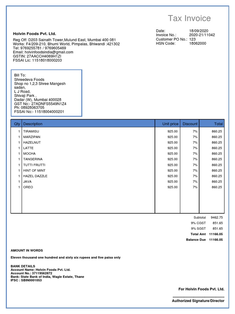 A Tax Invoice from Holvin Foods Pvt. Ltd. to Shreedeva Foods Detailing ...