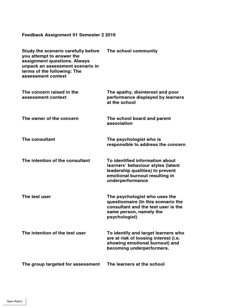 Feedback Assignment 1 Semester 2 - 2016 | PDF | Question | Questionnaire