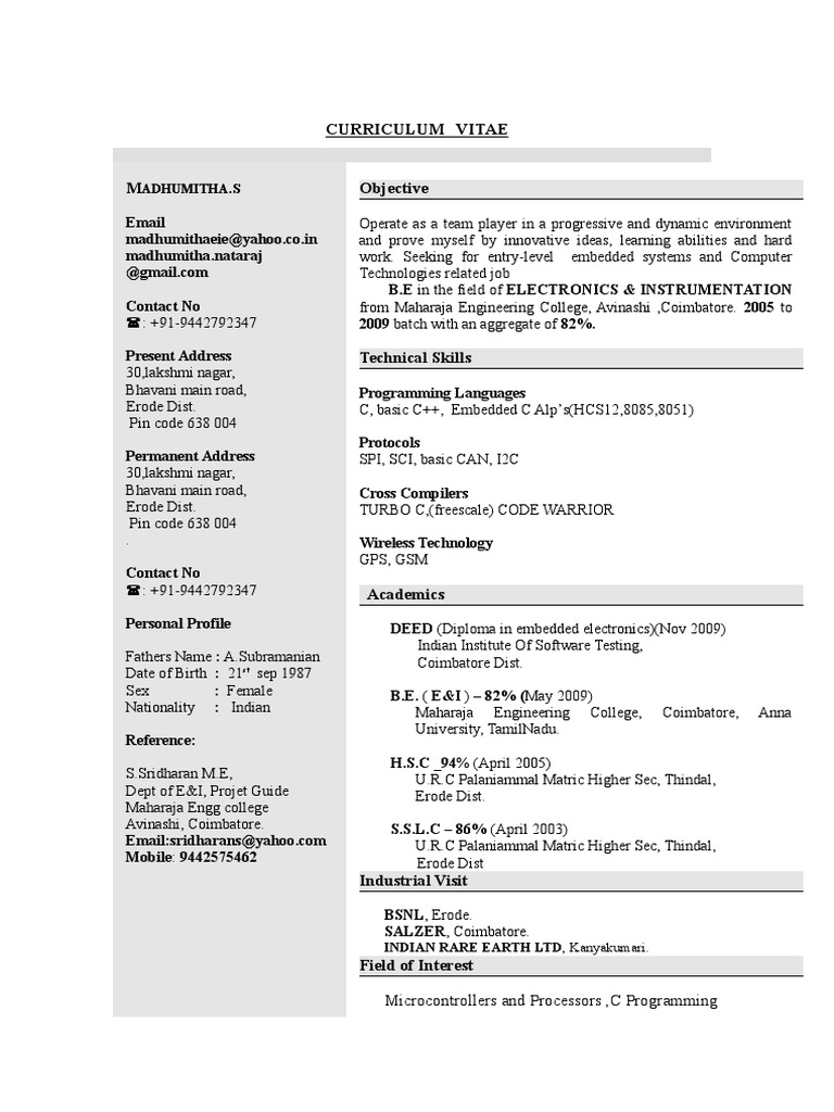 Curriculum Vitae Adhumitha S Pdf Embedded System Systems Engineering