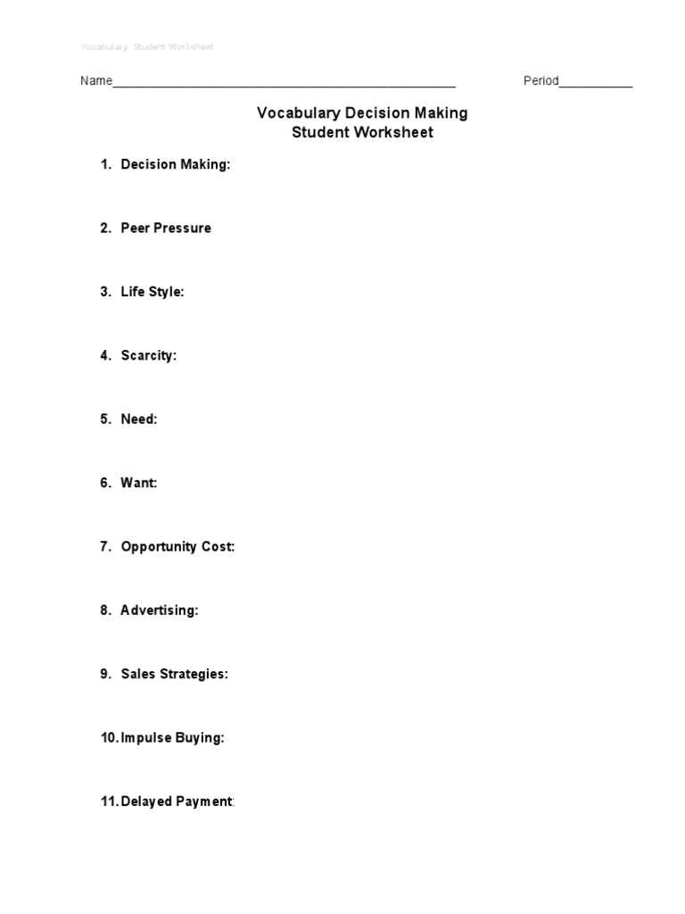Vocabulary Decision Making Student Worksheet | PDF | Self-Improvement