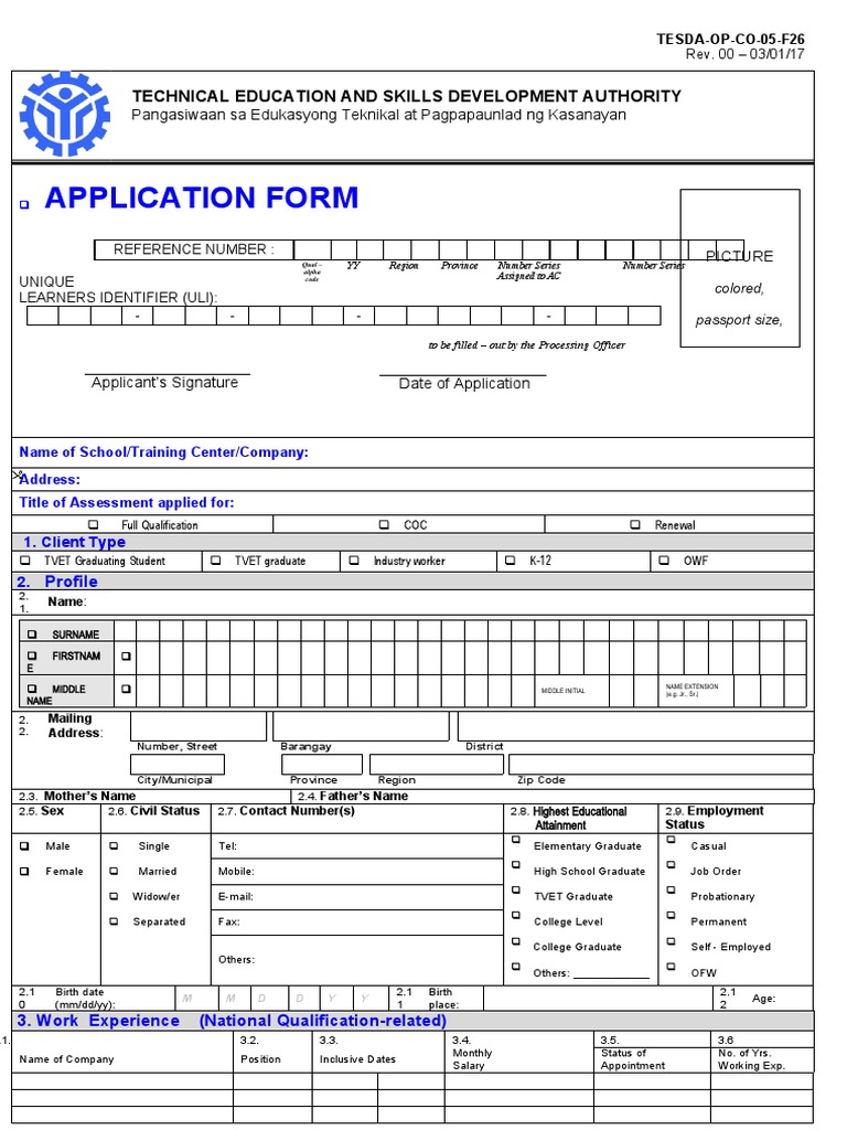 TESDA Application Form Overview | PDF | Vocational Education | Behavior ...