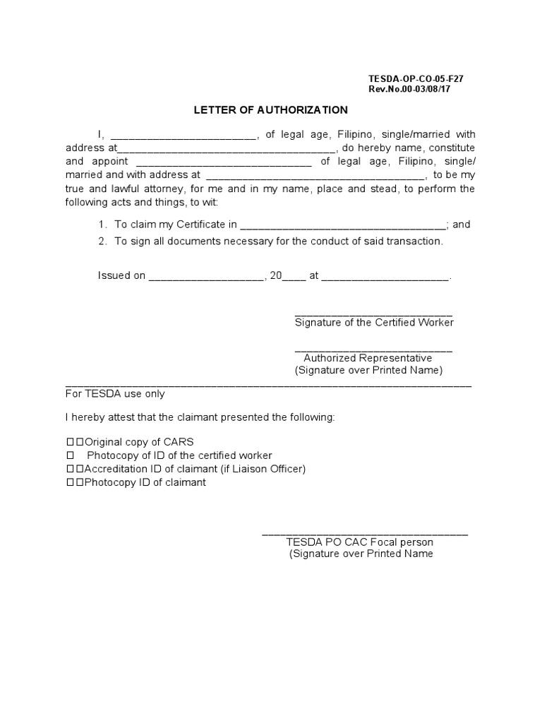 TESDA-OP-CO-05-F27 Letter of Authorization | PDF