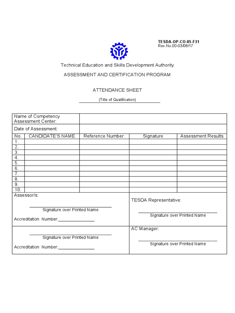 TESDA-OP-CO-05-F31 Attendance Sheet | PDF