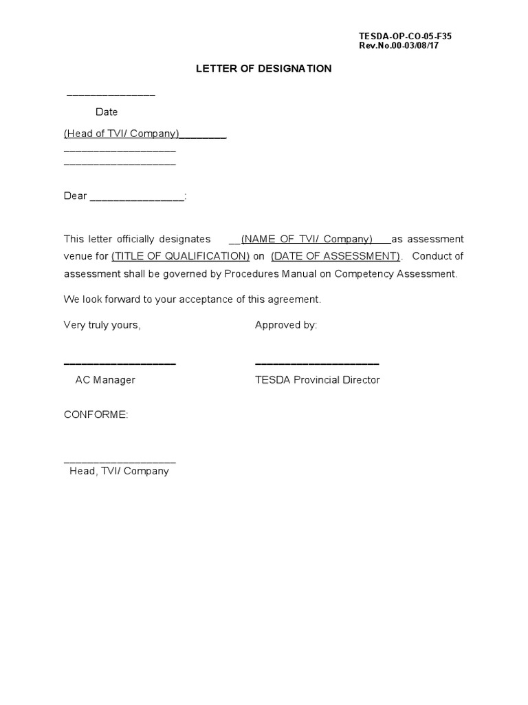 TESDA-OP-CO-05-F35 Letter of Designation | PDF