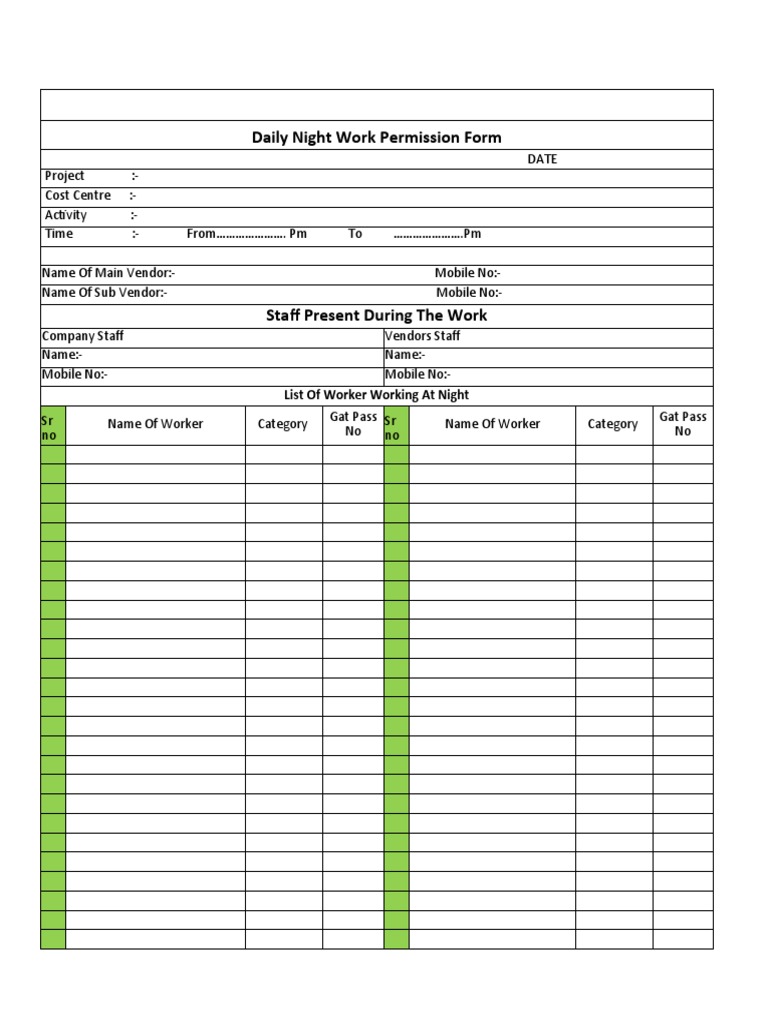 Daily Night Work Permission Form: List of Worker Working at Night | PDF ...