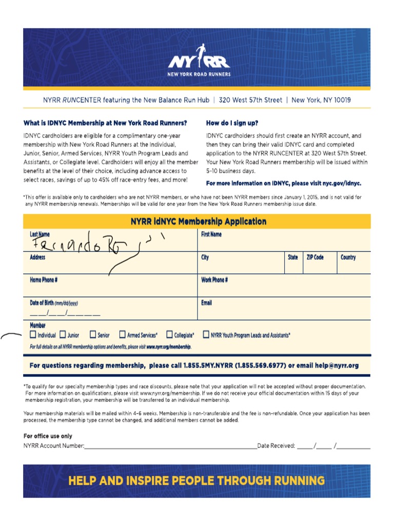 NYRR idNYC Membership Application Form | PDF
