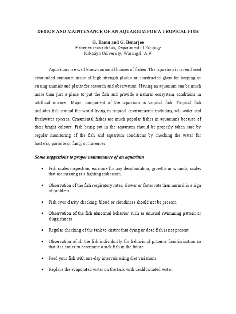 Design and Maintenance of An Aquarium For A Tropical Fish G. Ramu and G ...