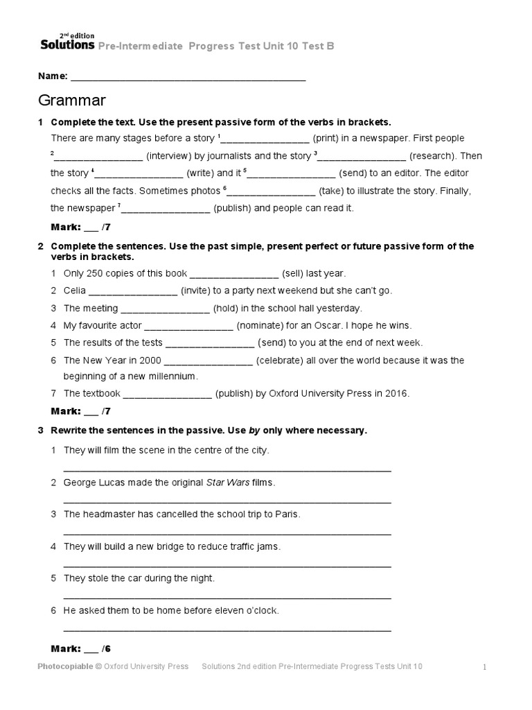 Grammar: Pre-Intermediate Progress Test Unit 10 Test B | Download Free ...