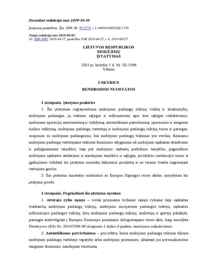 2019-10-30 Mokejimu Istatymas | PDF