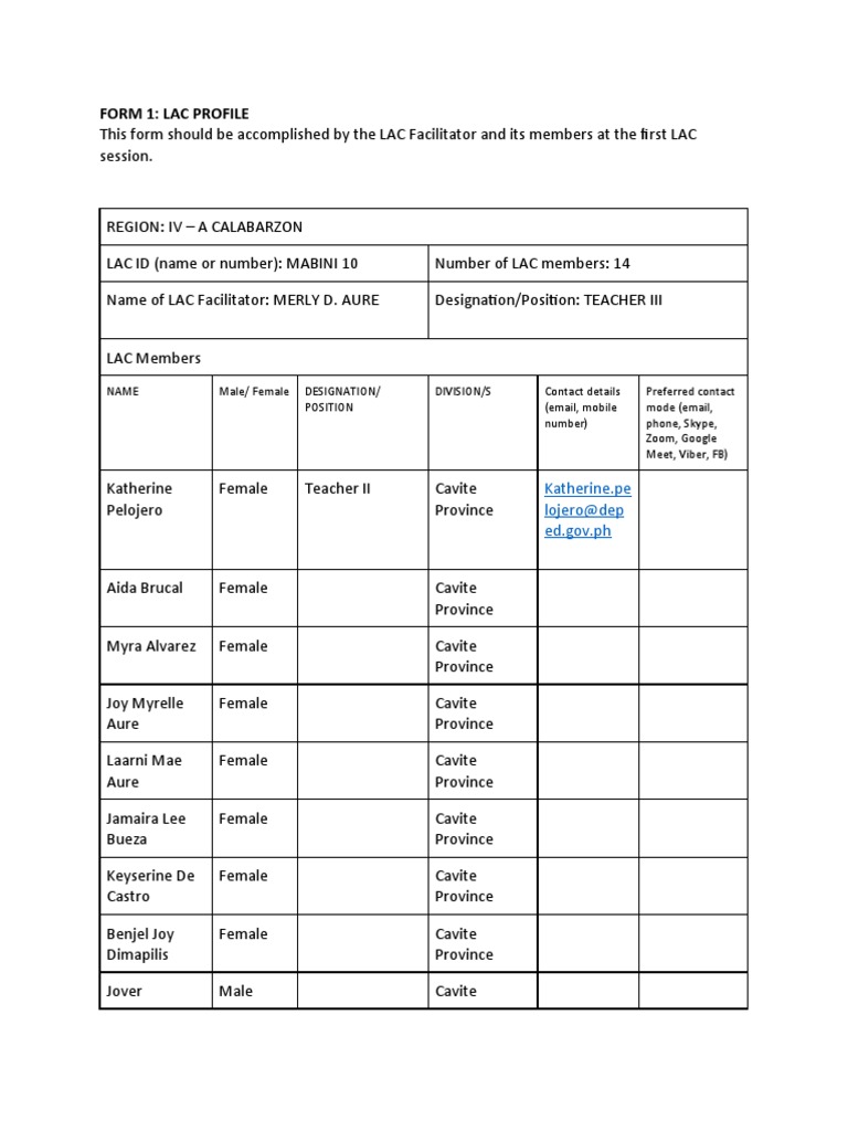 Form 1. LAC Profile | PDF