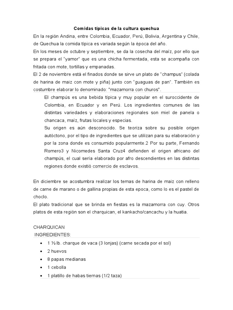 Comidas Típicas de La Cultura Quechua | PDF | Preparación de comida y ...