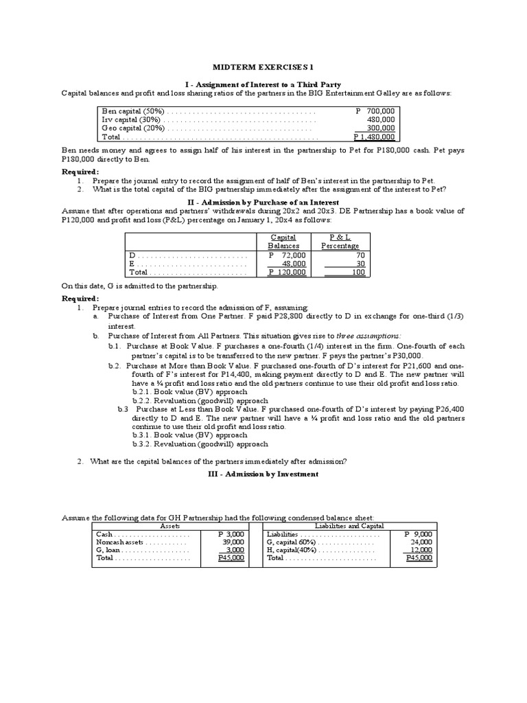 Midterm Exercises 1 Problems | PDF | Book Value | Goodwill (Accounting)