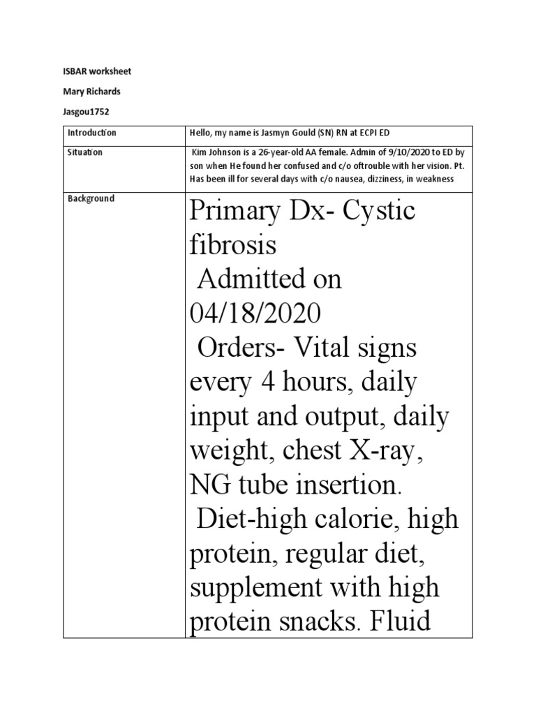 ISBAR Worksheet Mary Richards Jasgou1752 2 | PDF