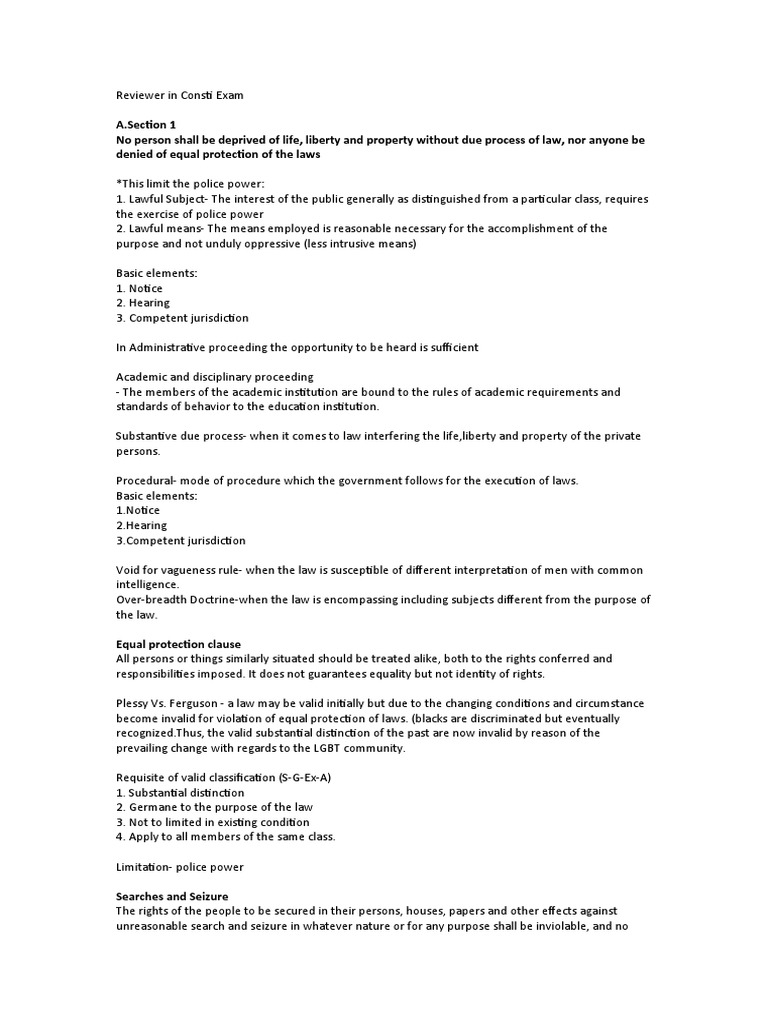 Reviewer in Consti Exam | PDF | Search And Seizure | Equal Protection Clause