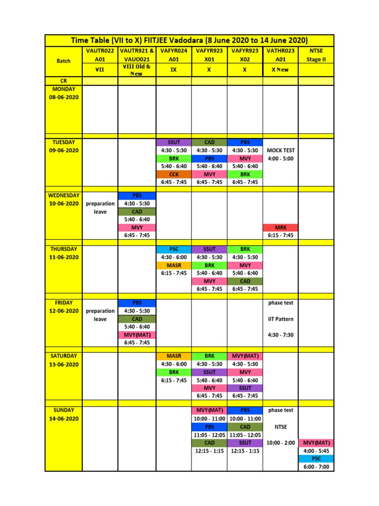 Time Table (VII To X) FIITJEE Vadodara (8 June 2020 To 14 June 2020) | PDF