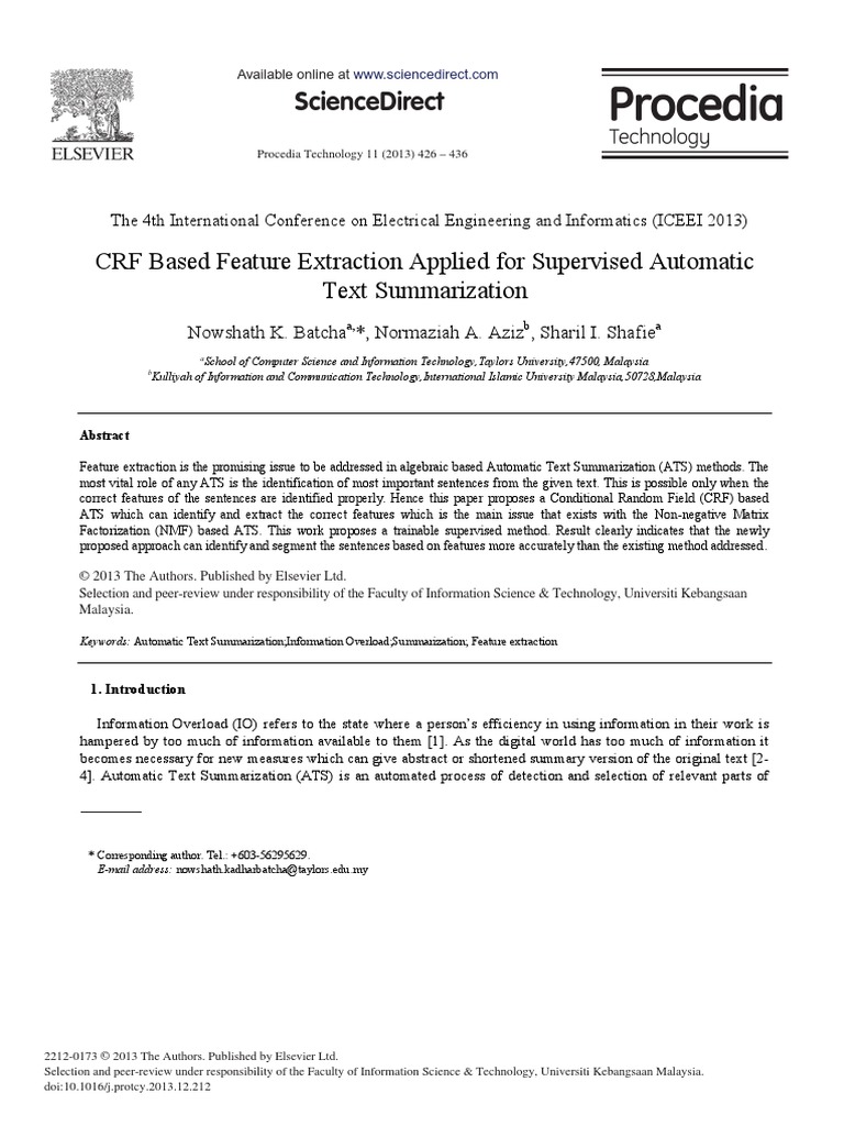 Crf Based Feature Extraction Applied For Supervised Automatic Text Summarization Pdf Matrix
