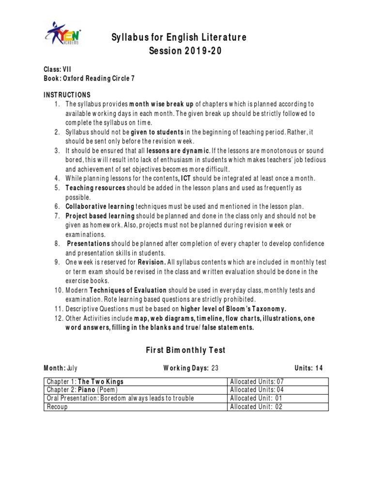 Syllabus For English Literature Session 2019-20: Class: VII Book ...